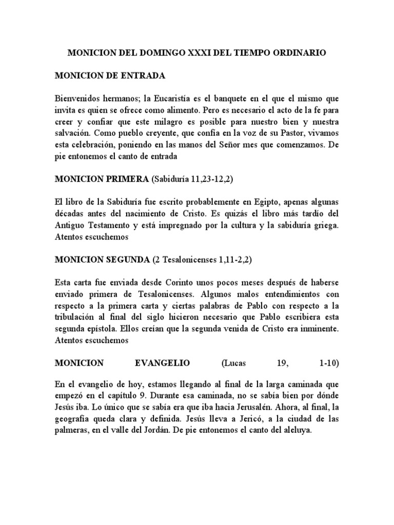 Monicion Del Domingo Xxxi Del Tiempo Ordinario Monicion de Entrada | PDF | Misa (liturgia) | Jesús
