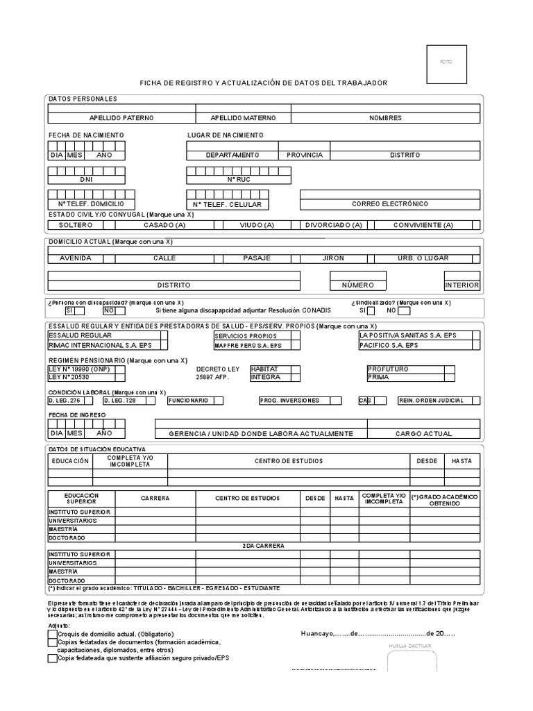 Ficha de Registro y Actualización de Datos Del Trabajador | PDF | Titulo academico