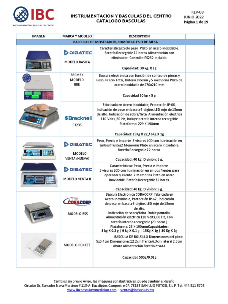 Instrumentacion Y Basculas Del Centro Catalogo Basculas: REV-03 JUNIO 2022 Página 1 de 19 | PDF ...