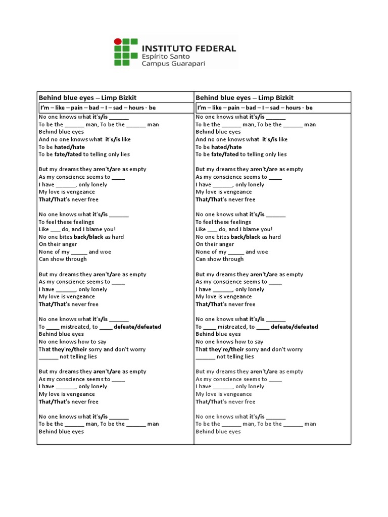 Behind Blue Eyes Limp Bizkit Ing 2 Pdf Self Improvement Poetry