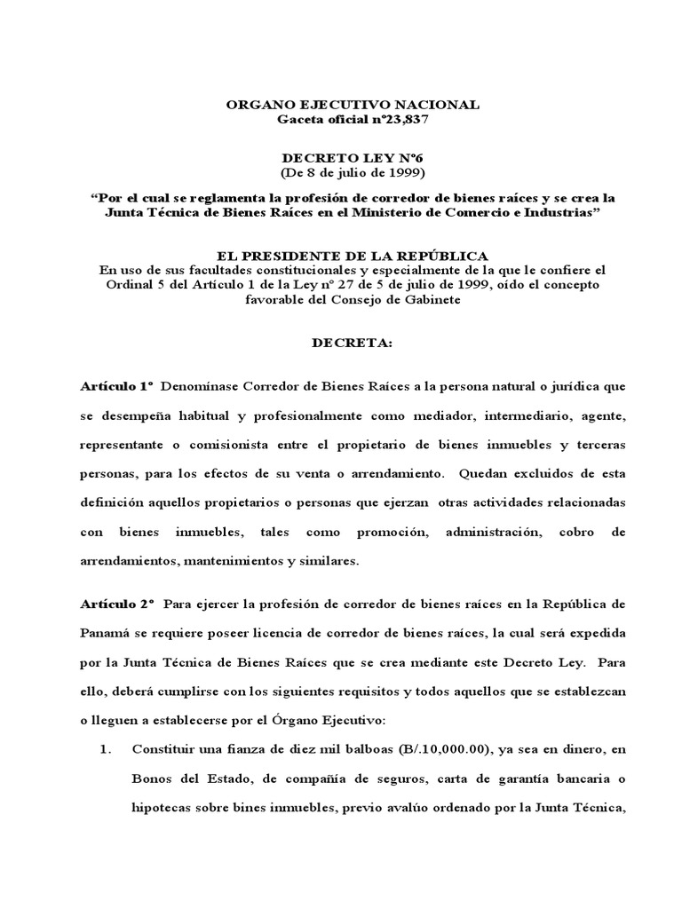 1) Decreto Ley 6 Del 8 de Julio de 1999, Ley Que Reglamenta La Profesion de Corredor de Bienes ...