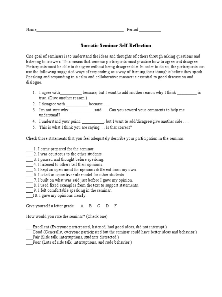 Socratic Seminar Self Reflection | PDF