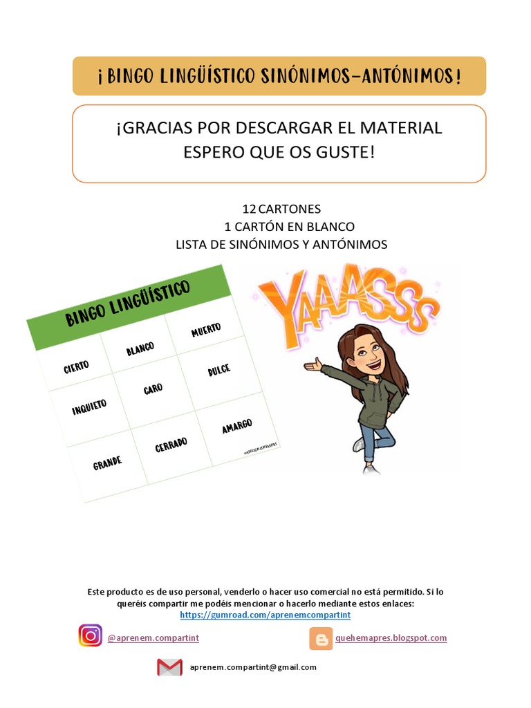 ¡Bingo Lingüístico Sinónimos-Antónimos! ¡Gracias Por Descargar El ...