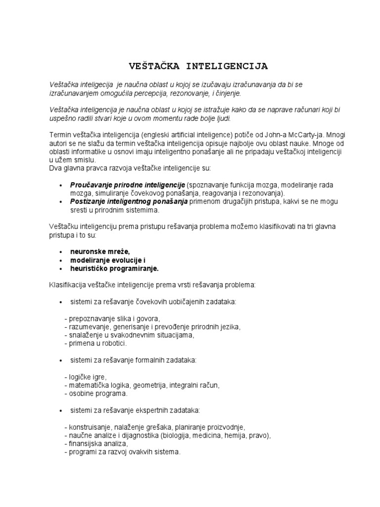Vestacka Inteligencija | PDF Vestacka Inteligencija | PDF