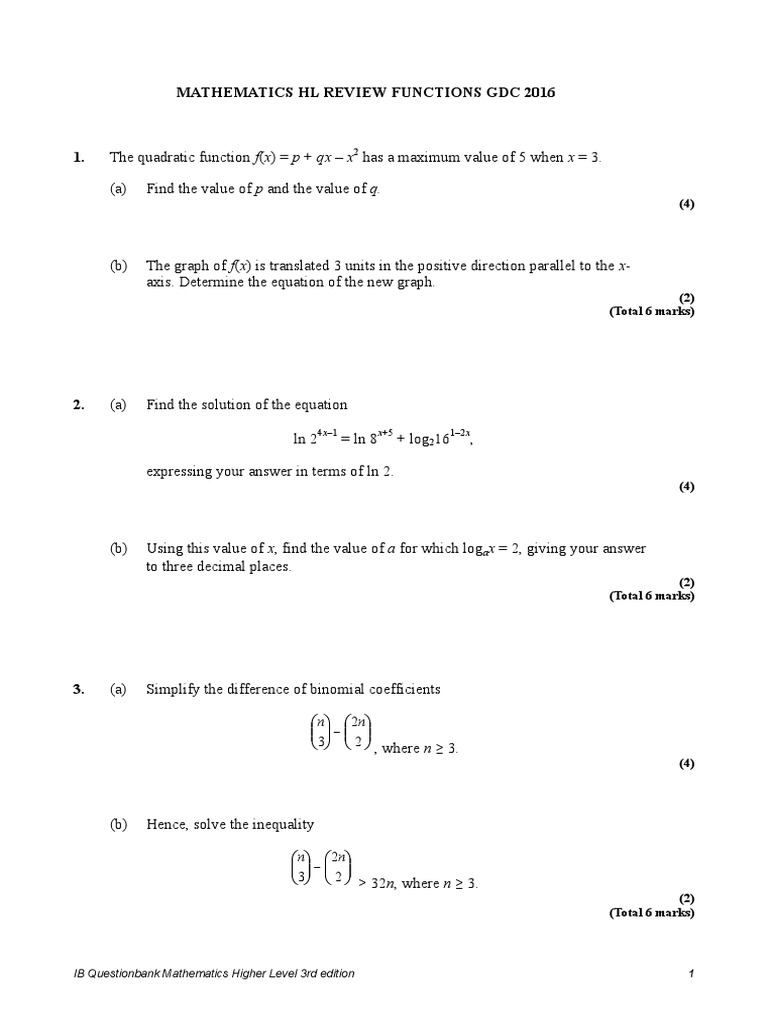 Mathematics HL Review Functions GDC 2016: X 2, Giving Your Answer | PDF ...