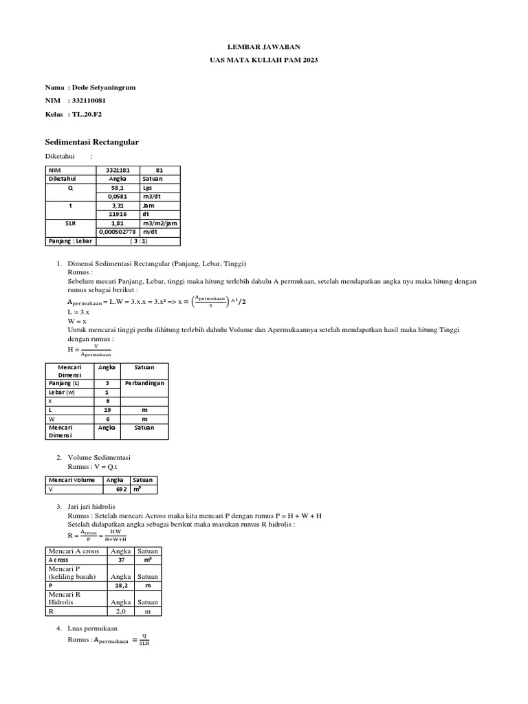 Perhitungan Dimensi dan Volume Sedimentasi | PDF