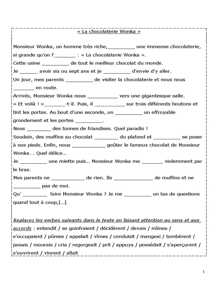 6ème PAssé Simple Texte À Trous Charlie Et La Chocolaterie | PDF