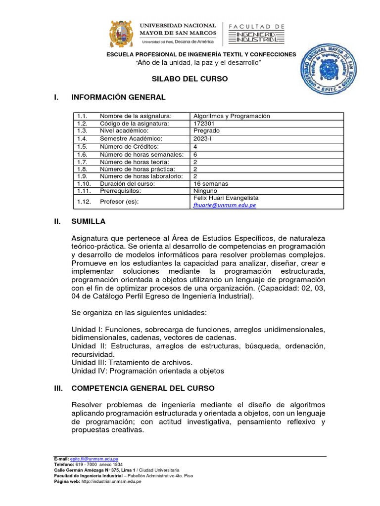 Silabo Algoritmos y Programacion 2023-1 | PDF | Ingeniería | Programación de computadoras