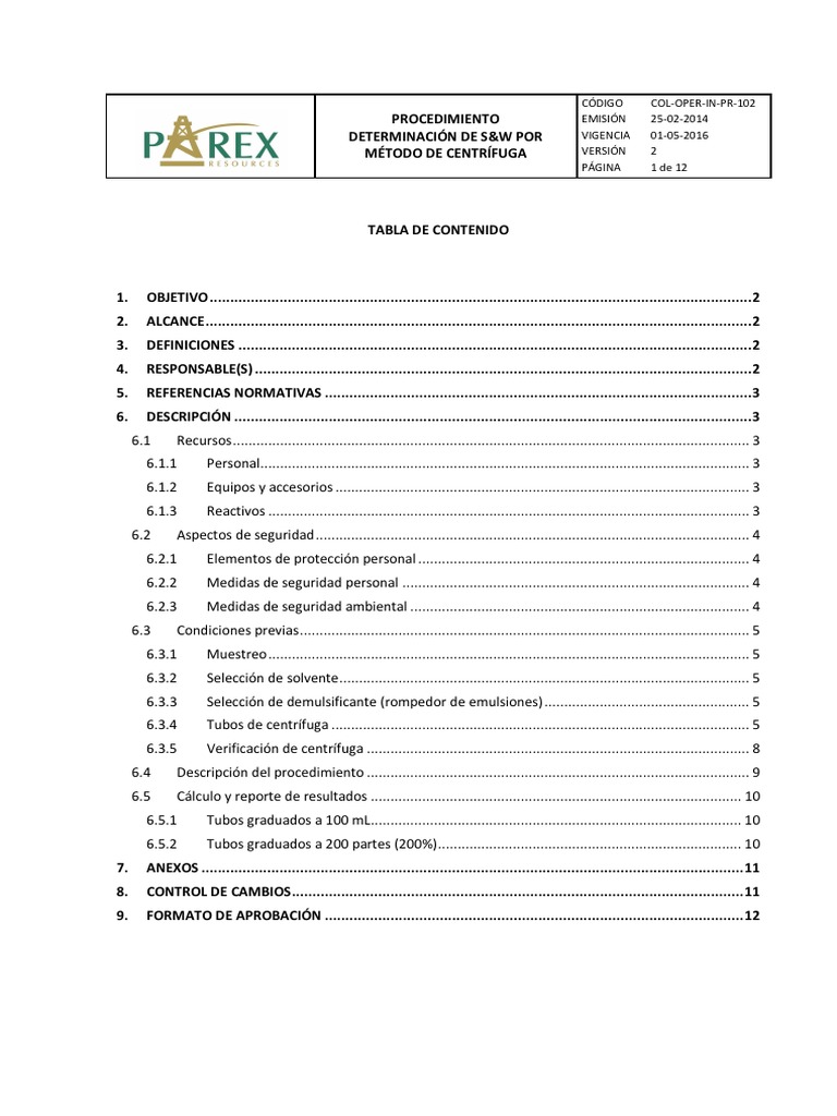 Col Oper In Pr 102 Determinación De Sandw Por Método De Centrífuga Pdf