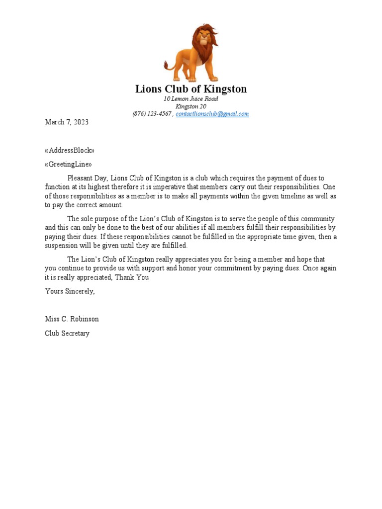 Importance of Paying Membership Dues for the Lions Club of Kingston to ...