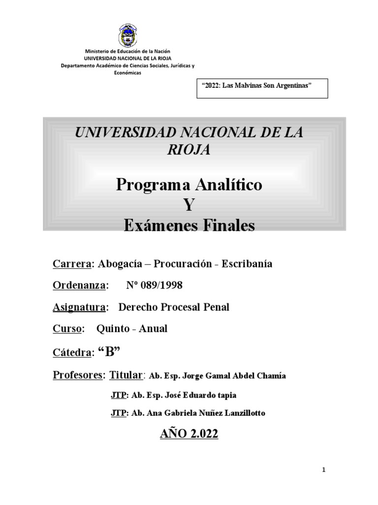PROGRAMA Der. Proc. Penal - CATEDRA B 2.022 - Prof. J. Gamal Chamía | PDF | Procedimiento ...