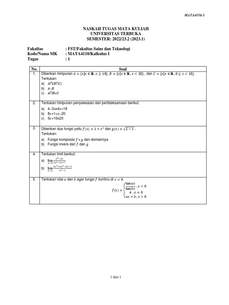Soal Kalkulus I: Himpunan & Fungsi | PDF