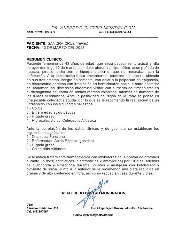 Dr. Alfredo Castro Mondragon: Paciente: Sandra Cruz Yepez Fecha: 13 de ...