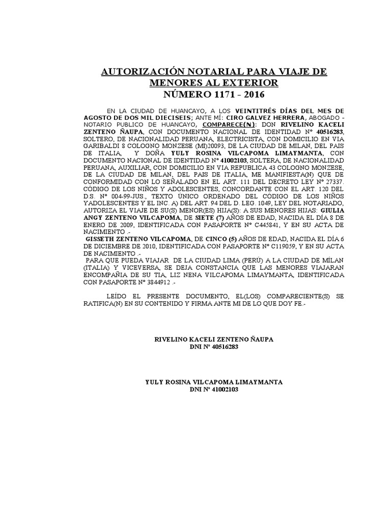 Autorización Notarial para Viaje de Menores Al Exterior NÚMERO 1171 ...