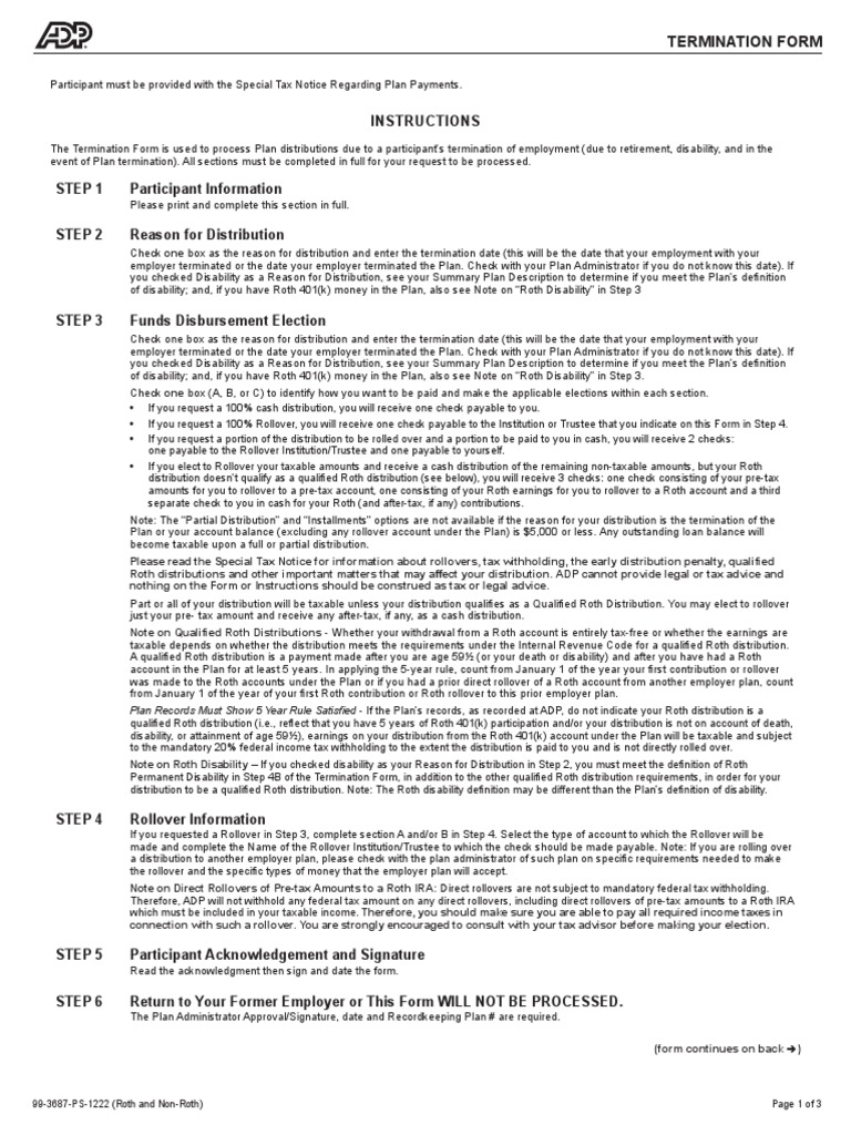 ADP 401k Rollover Termination Form | PDF | Individual Retirement ...