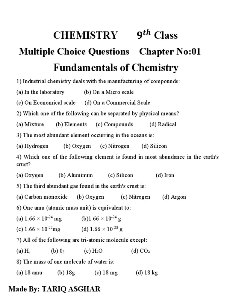 MCQs 9th Class Ch#01 | PDF | Ion | Mole (Unit)