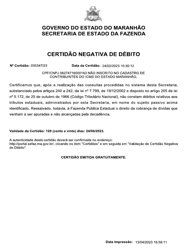Certidao Negativa Estadual | PDF