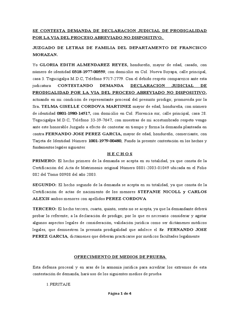 CONTESTACIÓN DEMANDA DE PRODIGALIDAD | PDF | Demanda judicial | Testigo ...