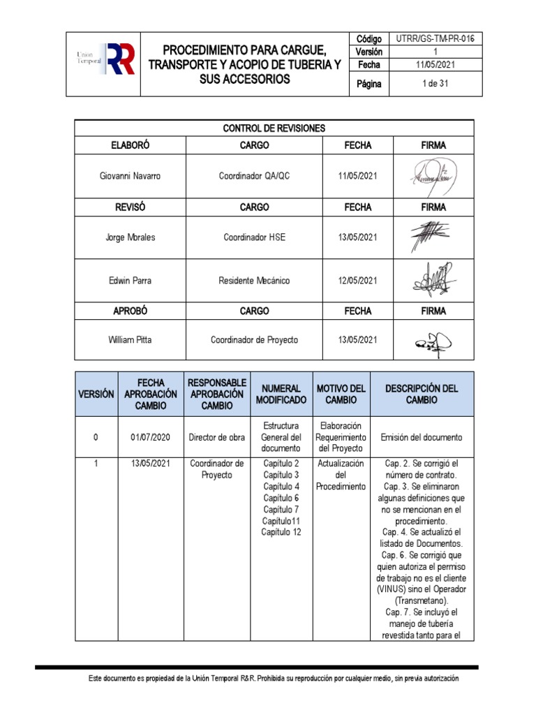UTRR GS-TM-PR-016 V1 CARGUE, TRANSPORTE Y ACOPIO DE TUBERIA (1) Rev ...
