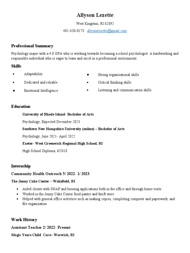 Allyson Lezette Resume | PDF | Psychology | Behavioural Sciences