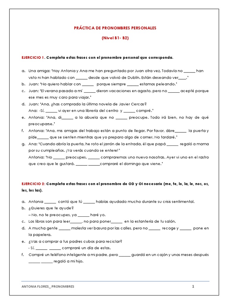 Práctica de Pronombres (B1-B2) | PDF