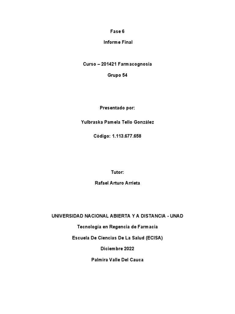 Fase 6 - InformeFinal - YulbraskaTello | PDF | Farmacia | Medicamentos con receta