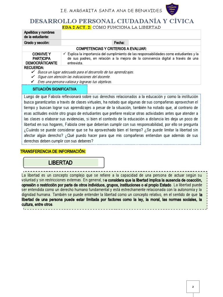 1° DPCC, Eda 2, Ficha 2 | PDF | Libertad | Ciencia cognitiva