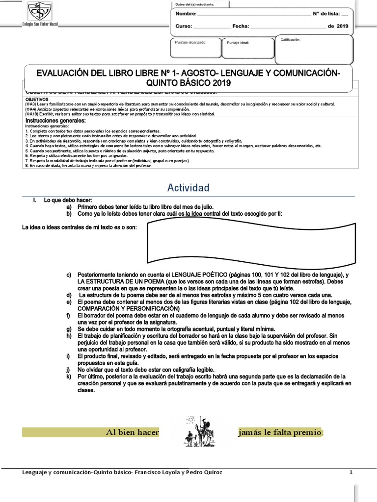 Evaluación Del Libro Libre N° 1 5° Básico | PDF