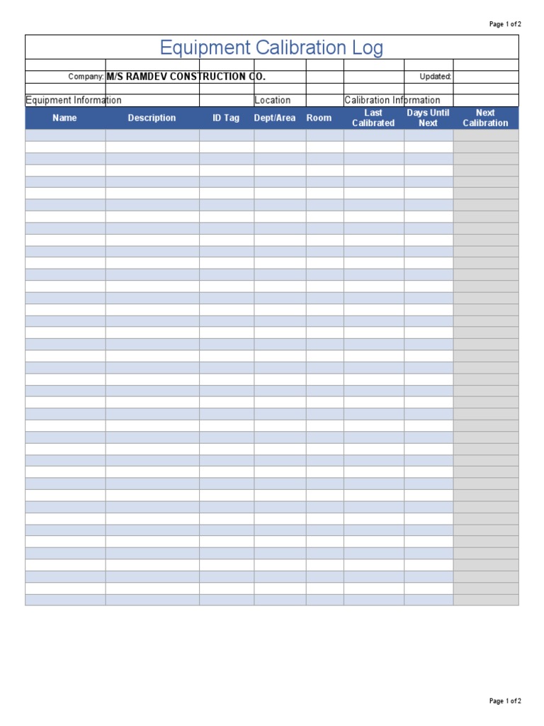 Equipment Calibration Log Template | PDF
