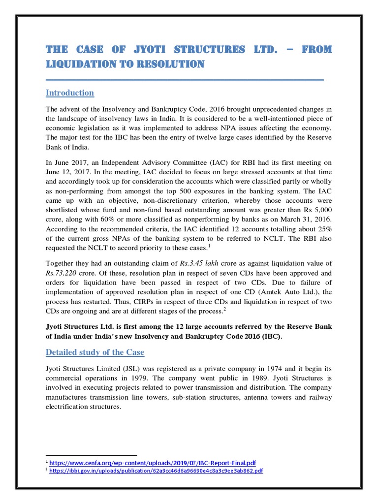 Article_Case of Jyoti Structures Ltd _From liquidation to Resolution | PDF | Bankruptcy ...