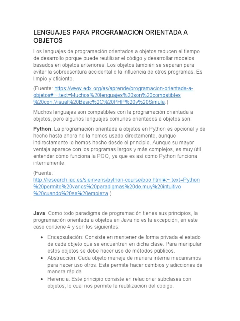 Lenguajes Poo Python Java C Y Más Pdf Programación Orientada A Objetos Objeto