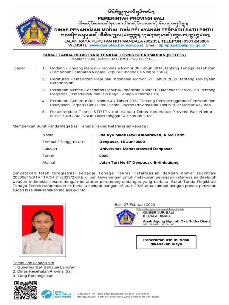 Surat Tanda Registrasi Tenaga Teknis Kefarmasian (STRTTK) | PDF
