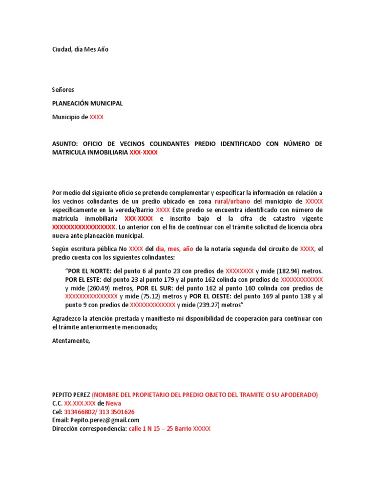 Oficio de Notificación a Vecinos Colindantes | PDF