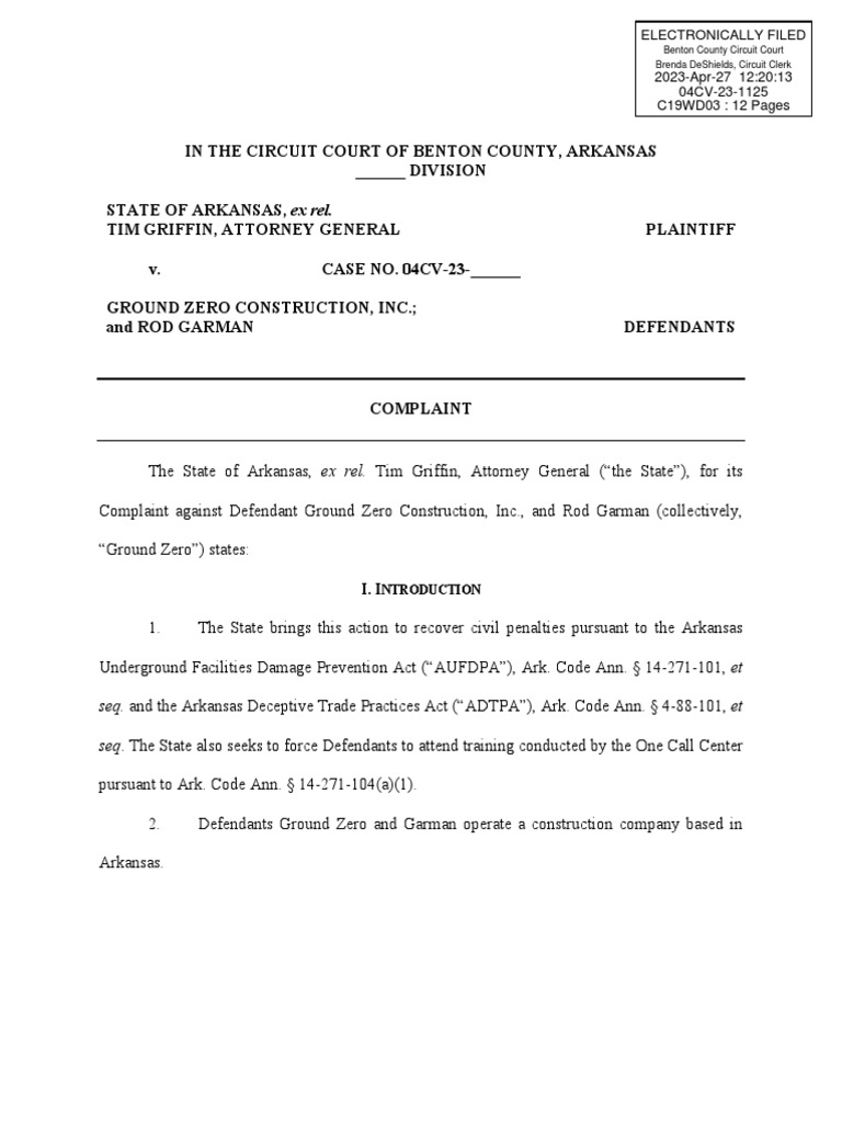 Arkansas vs. Ground Zero Construction Lawsuit | PDF | Complaint | Injunction