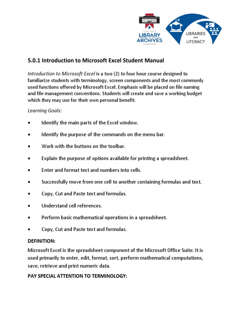 1 Introduction To Microsoft Excel Student Manual | PDF | Microsoft Excel | Spreadsheet