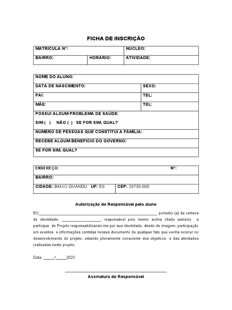 Ficha de Inscrição | PDF