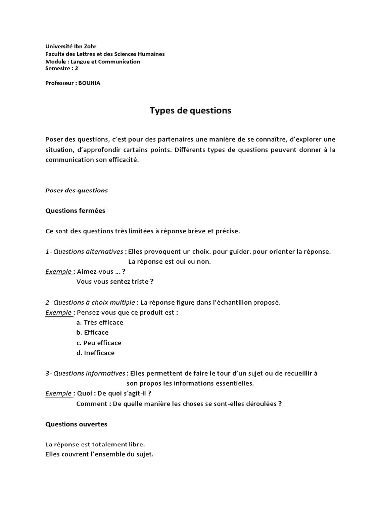 Types de Questions | PDF | la communication | Cognition