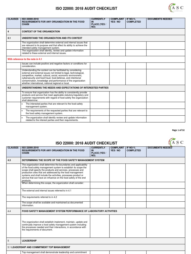 ISO 22000 Audit Checklist | PDF | Risk | Food Safety