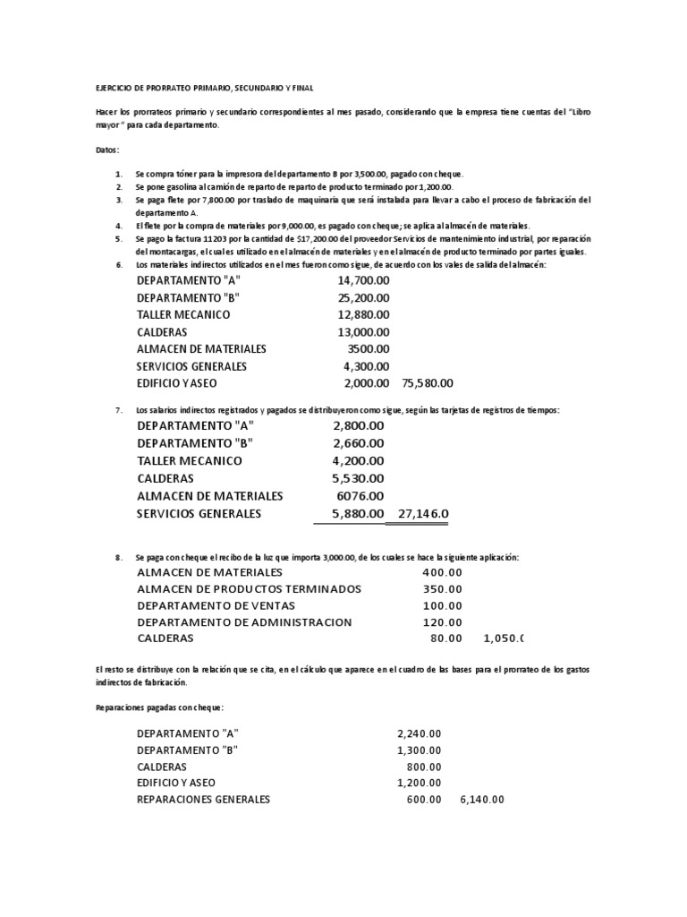 Segundo Ejercicio de Prorrateo Primario y Secundario | PDF
