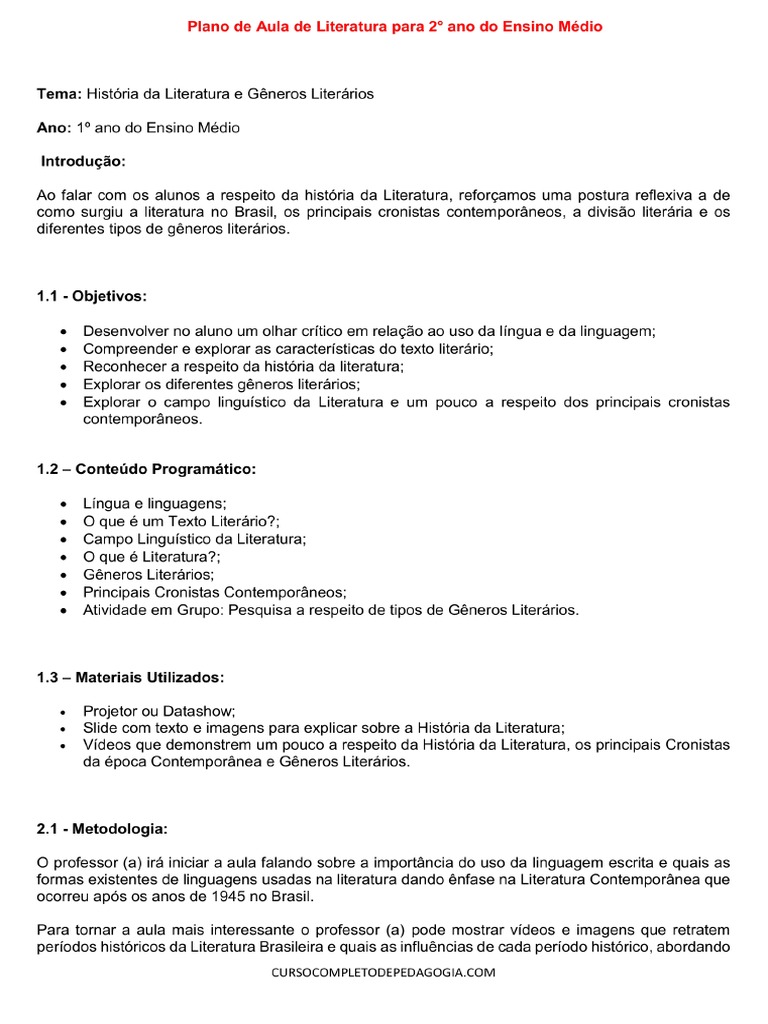 Plano de Aula de Literatura para 2° Ano Do Ensino Medio | PDF