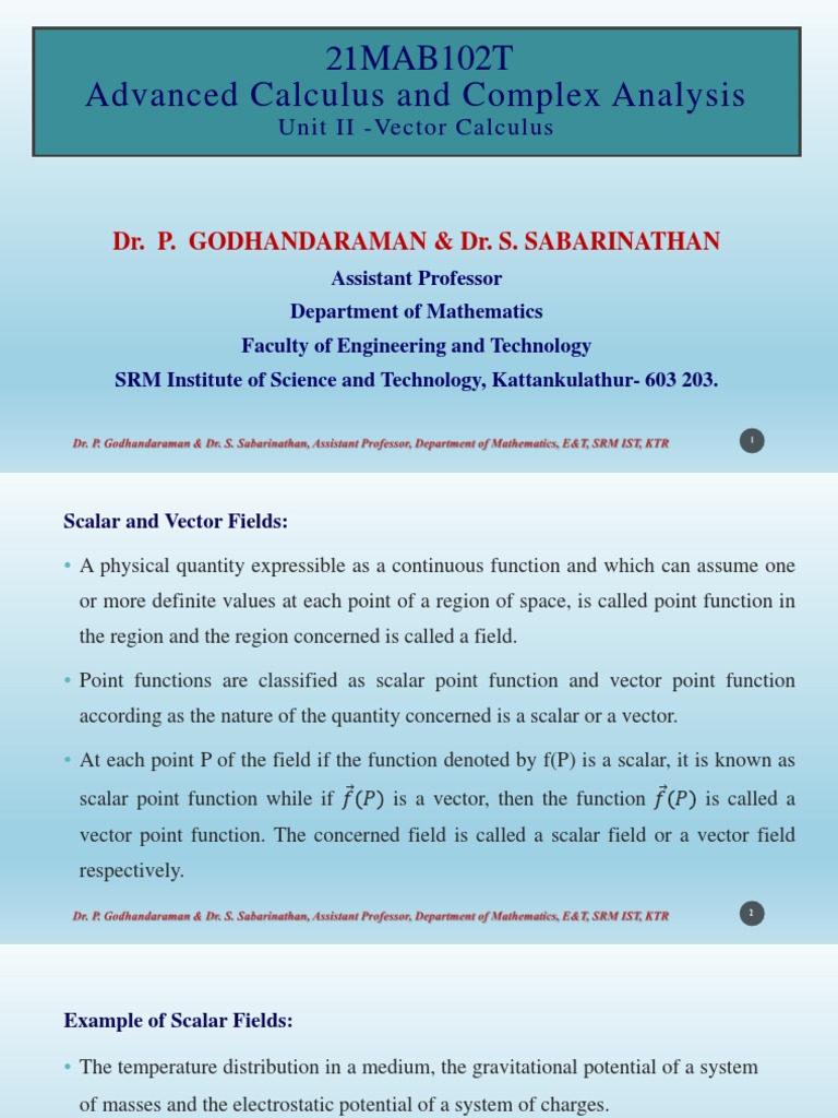 PPT-Vector Calculus- Unit-2-Part-1 | PDF | Euclidean Vector | Function (Mathematics)