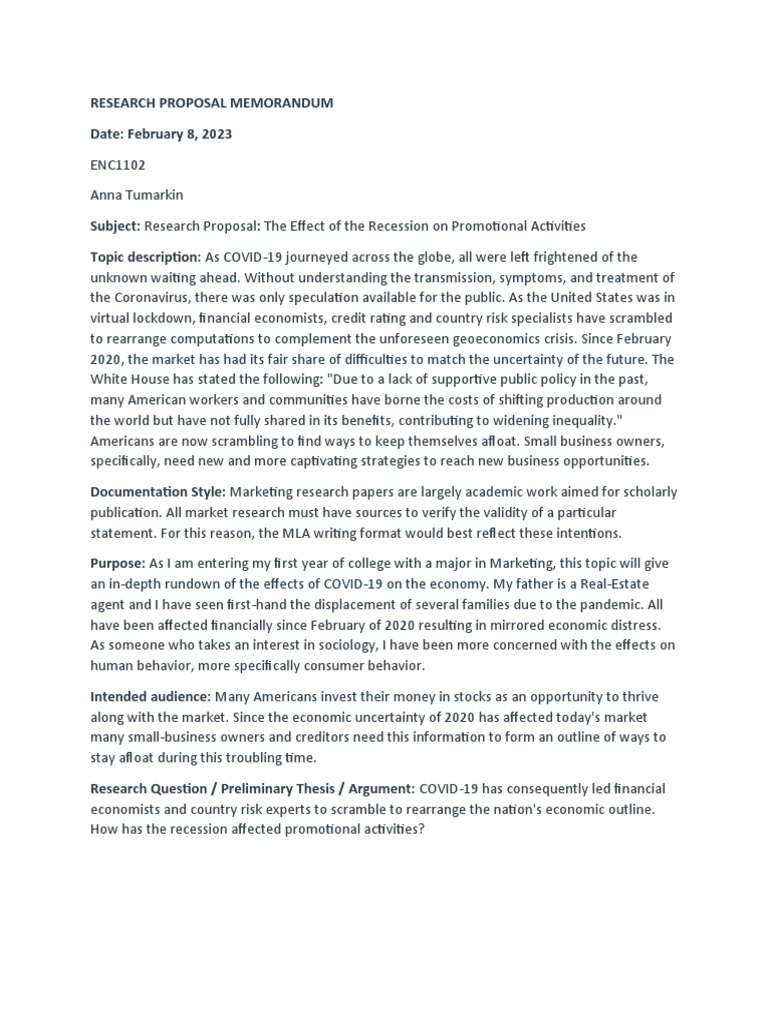 Research Proposal Memo | PDF | Recession | Market (Economics)