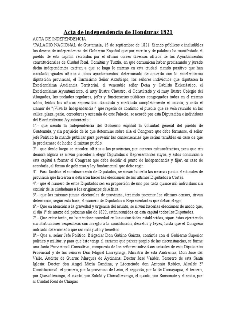 Acta de Independencia de Honduras 1821 | PDF | Guatemala | Gobierno