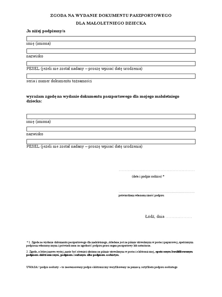Wzór Zgody Na Wydanie Paszportu | PDF