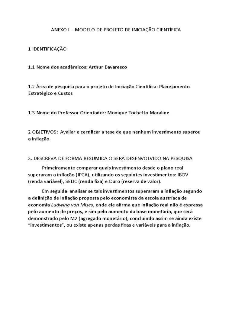 Modelo de Projeto de Iniciação Científica | PDF Modelo de Projeto de Iniciação Científica | PDF