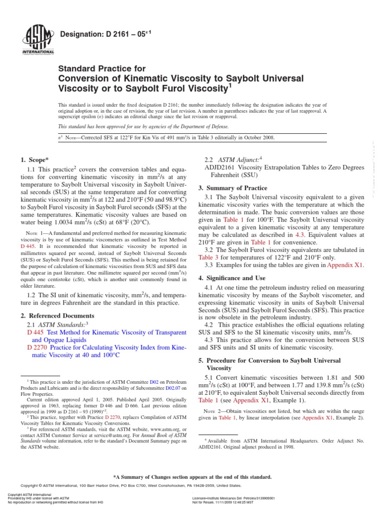 ASTM D 2161-05, Standard Practice for Conversion of Kinematic Viscosity ...