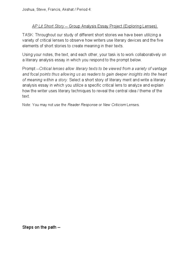 AP Lit Short Story - Group Analysis Essay Project (Exploring Lenses ...