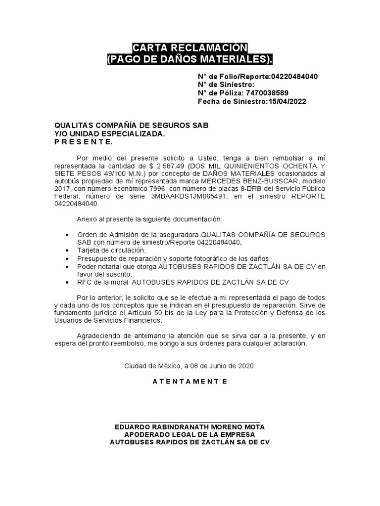 CARTA RECLAMACIÓN QUALITAS | PDF