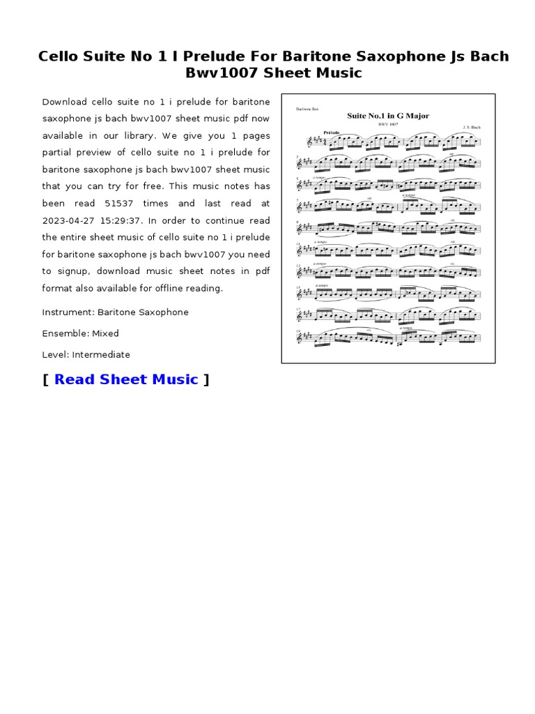 Cello Suite No 1 I Prelude For Baritone Saxophone Js Bach bwv1007 | PDF ...