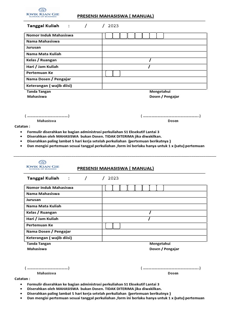 Form Presensi Manual Kwik Kian Gie | PDF